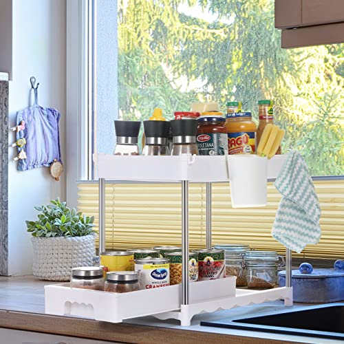 HEOMU Under Sliding Cabinet Basket Organizer, 2 Tier Bathroom Basket Organizer Under Sink Shelf Basket for Kitchen(White)