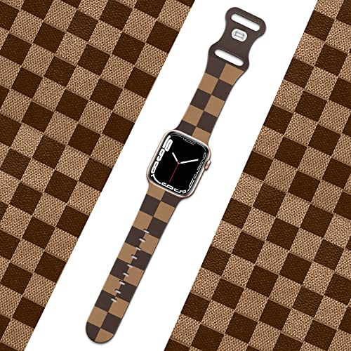 Luxury Checkered Designer Bands Compatible with Apple Watch Band 42mm 44mm 45mm Women Men,Soft Silicone Sport Strap Replacement Wristbands for iWatch Series 7 6 5 4 3 2 1 SE,Luxury Brown