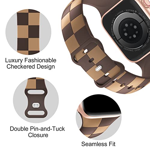 Luxury Checkered Designer Bands Compatible with Apple Watch Band 42mm 44mm 45mm Women Men,Soft Silicone Sport Strap Replacement Wristbands for iWatch Series 7 6 5 4 3 2 1 SE,Luxury Brown