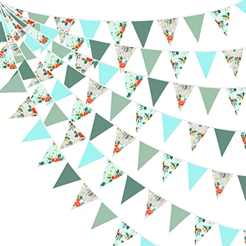 32Ft Dark Green Teal Blue Printed Flowers Flora Pennant Banner Fabric Triangle Flag Bunting Garland for Spring Summer Decor Birthday Party Wedding Home Outdoor Garden Hanging Decoration