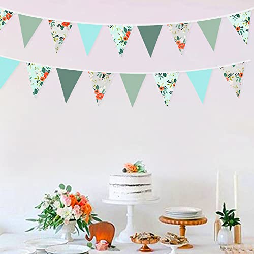 32Ft Dark Green Teal Blue Printed Flowers Flora Pennant Banner Fabric Triangle Flag Bunting Garland for Spring Summer Decor Birthday Party Wedding Home Outdoor Garden Hanging Decoration