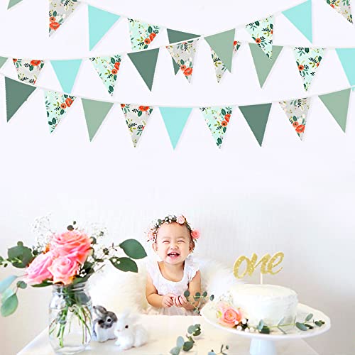 32Ft Dark Green Teal Blue Printed Flowers Flora Pennant Banner Fabric Triangle Flag Bunting Garland for Spring Summer Decor Birthday Party Wedding Home Outdoor Garden Hanging Decoration