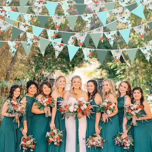 32Ft Dark Green Teal Blue Printed Flowers Flora Pennant Banner Fabric Triangle Flag Bunting Garland for Spring Summer Decor Birthday Party Wedding Home Outdoor Garden Hanging Decoration