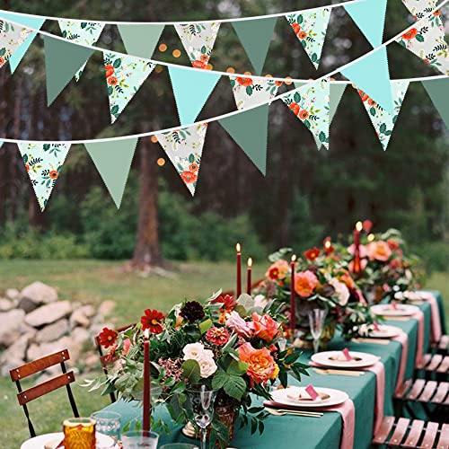 32Ft Dark Green Teal Blue Printed Flowers Flora Pennant Banner Fabric Triangle Flag Bunting Garland for Spring Summer Decor Birthday Party Wedding Home Outdoor Garden Hanging Decoration