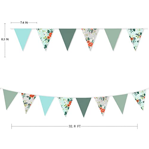 32Ft Dark Green Teal Blue Printed Flowers Flora Pennant Banner Fabric Triangle Flag Bunting Garland for Spring Summer Decor Birthday Party Wedding Home Outdoor Garden Hanging Decoration