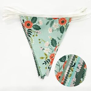 32Ft Dark Green Teal Blue Printed Flowers Flora Pennant Banner Fabric Triangle Flag Bunting Garland for Spring Summer Decor Birthday Party Wedding Home Outdoor Garden Hanging Decoration