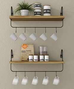 godimerhea floating shelves with hooks, set of 2 rustic wall mounted wooden decorative storage shelves with towel rack for coffee bar, kitchen, living room（brown）