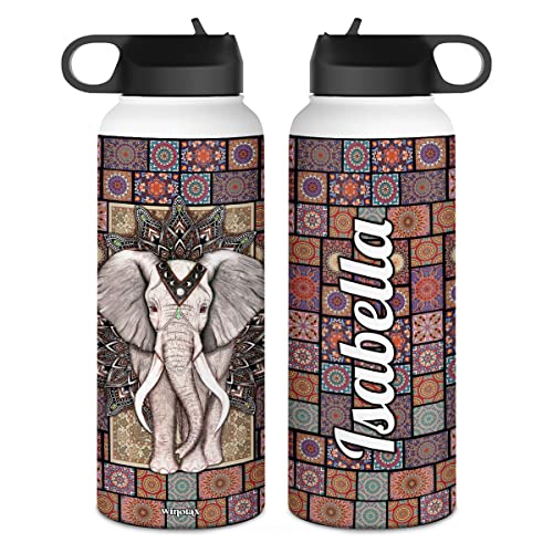 winorax Personalized Elephant Water Bottle Mandala Style Stainless Steel Double Wall Vacuum Insulated Sport Bottles Travel Cup 12oz 18oz 32oz Birthday Christmas Gifts For Elephants Lovers Women Girls