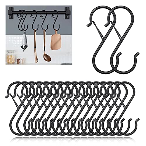 Aienxn 18PCS S Hooks for Hanging, 3.5inch Black Heavy Duty S Shaped Hooks with Safety Buckle, Closet Hooks Pot Rack Hooks for Hanging Plants, Clothes, Kitchen Utensil, Pans, Pots and Bags Q-O-021-18