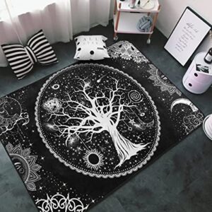 area rug non-slip indoor carpet waterproof resist dirt tree of life trippy mandala moon and sun black mystic pattern nursery rug for hotel, playroom, dormitory area carpet floor mat