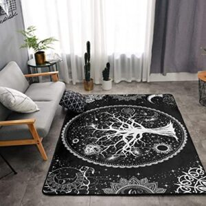 Area Rug Non-Slip Indoor Carpet Waterproof Resist Dirt Tree of Life Trippy Mandala Moon and Sun Black Mystic Pattern Nursery Rug for Hotel, Playroom, Dormitory Area Carpet Floor Mat