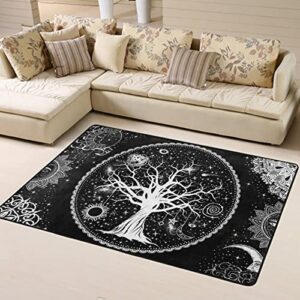 Area Rug Non-Slip Indoor Carpet Waterproof Resist Dirt Tree of Life Trippy Mandala Moon and Sun Black Mystic Pattern Nursery Rug for Hotel, Playroom, Dormitory Area Carpet Floor Mat