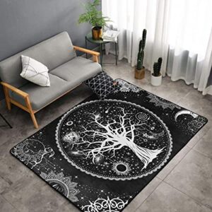 Area Rug Non-Slip Indoor Carpet Waterproof Resist Dirt Tree of Life Trippy Mandala Moon and Sun Black Mystic Pattern Nursery Rug for Hotel, Playroom, Dormitory Area Carpet Floor Mat