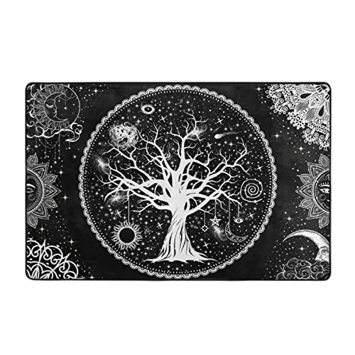 Area Rug Non-Slip Indoor Carpet Waterproof Resist Dirt Tree of Life Trippy Mandala Moon and Sun Black Mystic Pattern Nursery Rug for Hotel, Playroom, Dormitory Area Carpet Floor Mat