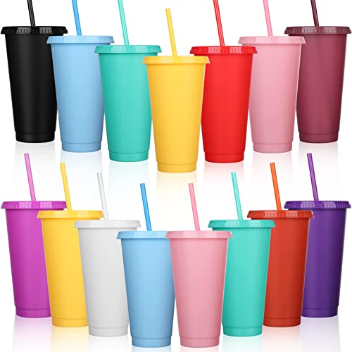 Honeydak Tumbler with Straw and Lid Bulk Water Bottle Iced Coffee Travel Mug Reusable Plastic Cups for Parties Birthdays 24-27 oz(Solid Color,15 Pack)