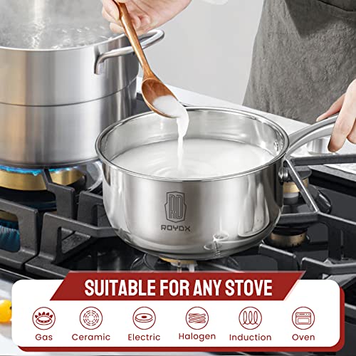 ROYDX Stainless Steel Sauce Pan with Lid, 1 Quart Small SaucePan with Stay Cool Handles, Kitchen Cooking Pans, Dishwasher Oven Safe & Compatible with All Stovetops Multipurpose for Home Restaurant