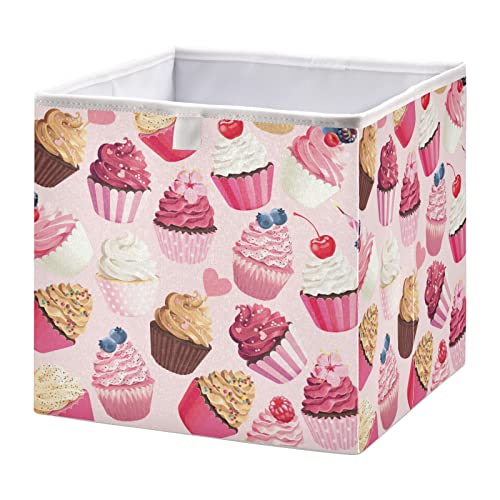 susiyo Pastel Pink Cupcakes Fabric Storage Bin Organizer 11 inch Collapsible Storage Cube for Shelf Closet