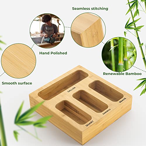 Ziplock Bag Organizer - Pantry Storage Bag Organizer for Kitchen Drawer, Natural Bamboo Organizer Compatible with Ziploc, Solimo, Glad, Hefty for Gallon, Quart, Sandwich, and Snack Variety Size Bag