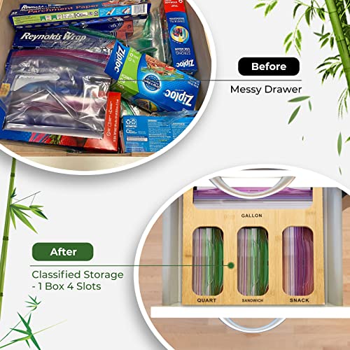 Ziplock Bag Organizer - Pantry Storage Bag Organizer for Kitchen Drawer, Natural Bamboo Organizer Compatible with Ziploc, Solimo, Glad, Hefty for Gallon, Quart, Sandwich, and Snack Variety Size Bag