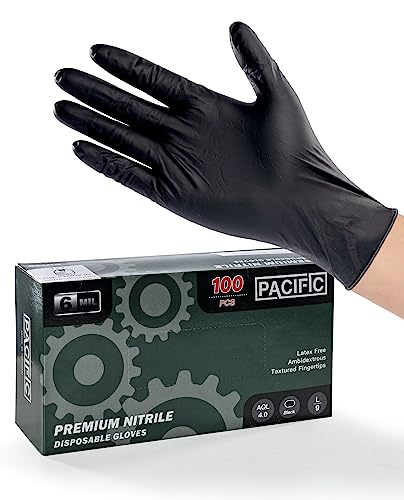 PACIFIC PPE Black Nitrile Disposable Gloves, 6 Mil, Food-Safe, Cooking & Cleaning, Powder-Free, Heavy-Duty, Textured Fingertips, 100 Count, L