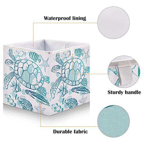 Blueangle Sea Turtle Starfish Cube Storage Bin, 11 x 11 x 11 in, Large Collapsible Organizer Storage Basket for Home Décor（878）