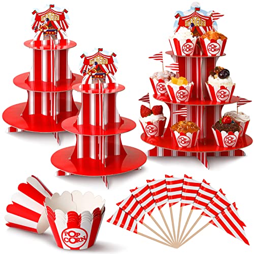 Mimorou Circus Carnival Party Decorations Party Supplies 2 Pcs 3 Tier Tent Striped Circus Cupcake Stands 50 Pcs Striped Popcorn Cupcake Wrappers 100 Pcs Paper Flag Cupcake Toppers Cake Insert Picks