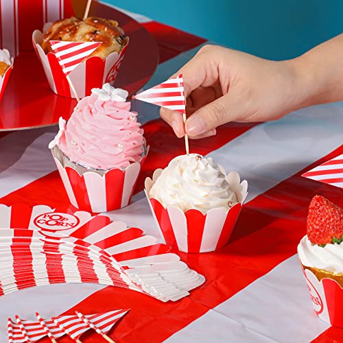 Mimorou Circus Carnival Party Decorations Party Supplies 2 Pcs 3 Tier Tent Striped Circus Cupcake Stands 50 Pcs Striped Popcorn Cupcake Wrappers 100 Pcs Paper Flag Cupcake Toppers Cake Insert Picks