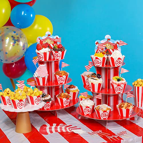 Mimorou Circus Carnival Party Decorations Party Supplies 2 Pcs 3 Tier Tent Striped Circus Cupcake Stands 50 Pcs Striped Popcorn Cupcake Wrappers 100 Pcs Paper Flag Cupcake Toppers Cake Insert Picks