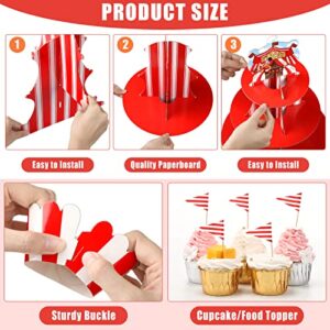 Mimorou Circus Carnival Party Decorations Party Supplies 2 Pcs 3 Tier Tent Striped Circus Cupcake Stands 50 Pcs Striped Popcorn Cupcake Wrappers 100 Pcs Paper Flag Cupcake Toppers Cake Insert Picks