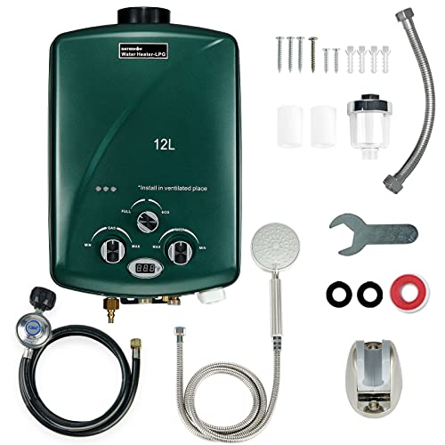 Gateenon 3.2GPM 12L Tankless Water Heater Propane Outdoor - Liquid Propane Gas LPG Instant Hot Water Heater Portable With Digital For Camping Shower, RV, Home, Green