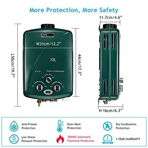 Gateenon 3.2GPM 12L Tankless Water Heater Propane Outdoor - Liquid Propane Gas LPG Instant Hot Water Heater Portable With Digital For Camping Shower, RV, Home, Green