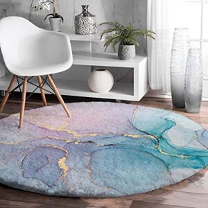 marble texture area rug turquoise pink purple watercolor and golden stripes round rug fluffy floor carpet soft rug ink paint non-slip throw rug 3.3' diameter for living room, bedroom, apartment, sofa