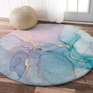 Marble Texture Area Rug Turquoise Pink Purple Watercolor and Golden Stripes Round Rug Fluffy Floor Carpet Soft Rug Ink Paint Non-Slip Throw Rug 3.3' Diameter for Living Room, Bedroom, Apartment, Sofa