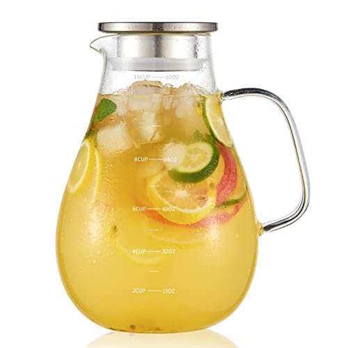 Glass Pitcher, 85oz Water Pitcher with Lid and Precise Scale Line, 18/8 Stainless Steel Iced Tea Pitcher, Easy Clean Heat Resistant Borosilicate Glass Jug for Juice, Milk, Cold or Hot Beverages