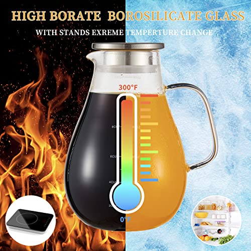 Glass Pitcher, 85oz Water Pitcher with Lid and Precise Scale Line, 18/8 Stainless Steel Iced Tea Pitcher, Easy Clean Heat Resistant Borosilicate Glass Jug for Juice, Milk, Cold or Hot Beverages