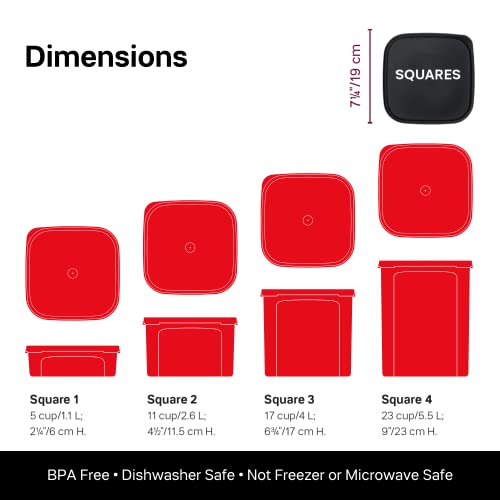 Tupperware Brand Modular Mates Squares Set - 4 Dry Food Storage Containers with Lids (5 Cup, 11 Cup, 17 Cup & 23 Cup Sizes) - Airtight, Dishwasher Safe & BPA Free