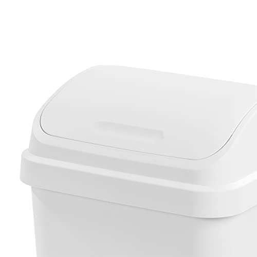 Sterilite 13 Gallon Plastic Swing Top Spave Saving Flat Side Lidded Wastebasket Trash Can for Kitchen, Garage, or Workspace, White