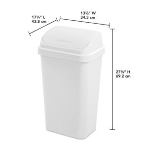 Sterilite 13 Gallon Plastic Swing Top Spave Saving Flat Side Lidded Wastebasket Trash Can for Kitchen, Garage, or Workspace, White