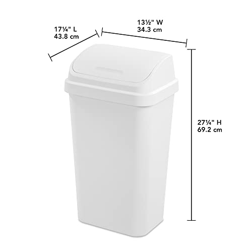 Sterilite 13 Gallon Plastic Swing Top Spave Saving Flat Side Lidded Wastebasket Trash Can for Kitchen, Garage, or Workspace, White