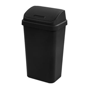 sterilite 13 gallon plastic swing top spave saving flat side lidded wastebasket trash can for kitchen, garage, or workspace, black