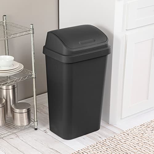 Sterilite 13 Gallon Plastic Swing Top Spave Saving Flat Side Lidded Wastebasket Trash Can for Kitchen, Garage, or Workspace, Black