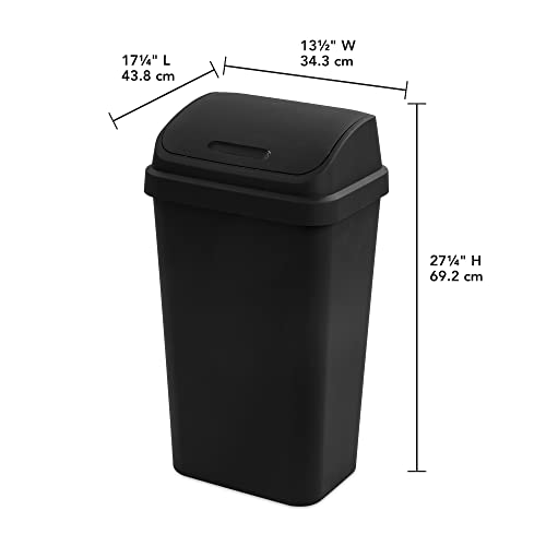 Sterilite 13 Gallon Plastic Swing Top Spave Saving Flat Side Lidded Wastebasket Trash Can for Kitchen, Garage, or Workspace, Black