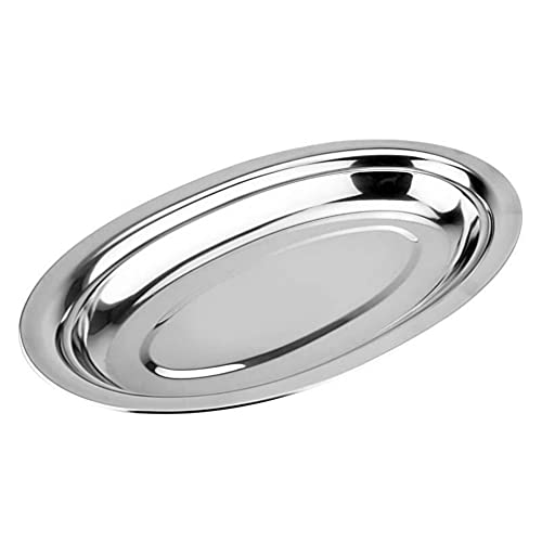 HANABASS Grill Platter Stainless Steel Oval Platter Oval Steaming Fish Plate Appetizer Dish Snack Plate Kids Carvery Plate Serving Tray for Steaming Fish Dessert Meat Sushi Silver Grilling Platter