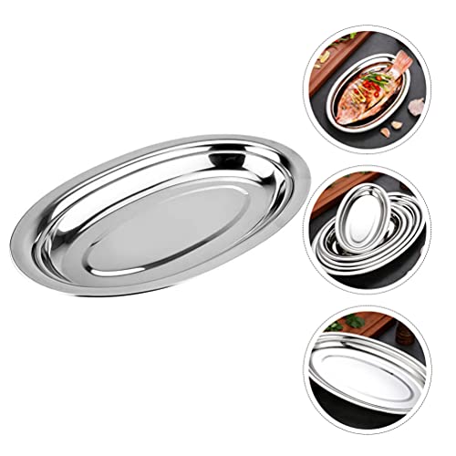 HANABASS Grill Platter Stainless Steel Oval Platter Oval Steaming Fish Plate Appetizer Dish Snack Plate Kids Carvery Plate Serving Tray for Steaming Fish Dessert Meat Sushi Silver Grilling Platter