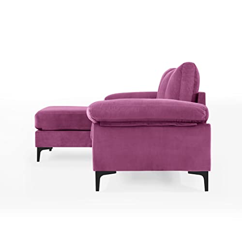 Casa Andrea Milano Modern Large Velvet Fabric Sectional Sofa, L-Shape Couch with Extra Wide Chaise Lounge and Black Legs, Purple