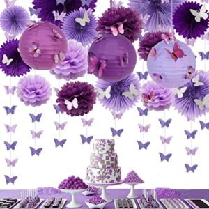 butterfly lavender party decorations purple for girl women with purple butterfly paper garland hanging paper fans purple lanterns and honeycomb balls for birthday party bridal showers and wedding