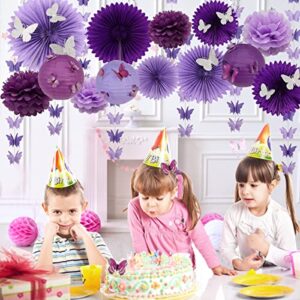 Butterfly Lavender Party Decorations Purple for Girl Women with Purple Butterfly Paper Garland Hanging Paper Fans Purple Lanterns and Honeycomb Balls for Birthday Party Bridal Showers and Wedding