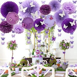 Butterfly Lavender Party Decorations Purple for Girl Women with Purple Butterfly Paper Garland Hanging Paper Fans Purple Lanterns and Honeycomb Balls for Birthday Party Bridal Showers and Wedding