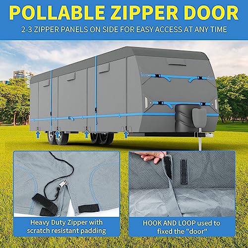 Tuszom 7 Layers Travel Trailer RV Cover 26' - 28'6" Waterproof Anti-UV Camper Cover for Winter Snow - Reinforced Windproof Tearproof with 13 Straps Jack Cover 4 Tire Covers and Gutter Covers