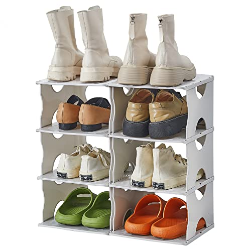 LGAQCOX 2 Pcs of 4 Tier Shoe Rack, Free Standing Shoe Racks for Closet, Free-Combination Narrow Shoe Storage Organizer for Bedroom & Entryway, Space Saver Stackable Shoe Shelf,Easy Assembly Clean,Grey